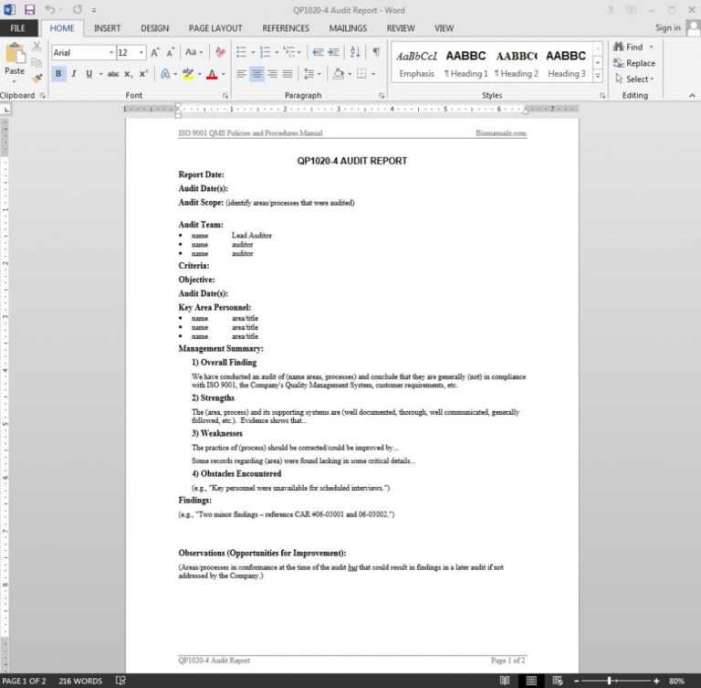 Internal Audit Report Template Iso 9001