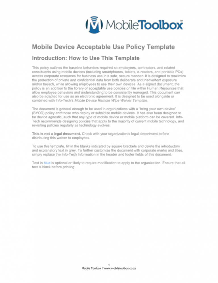 Mobile Device Acceptable Use Policy Template Mobile Device Acceptable Use Policy Template
